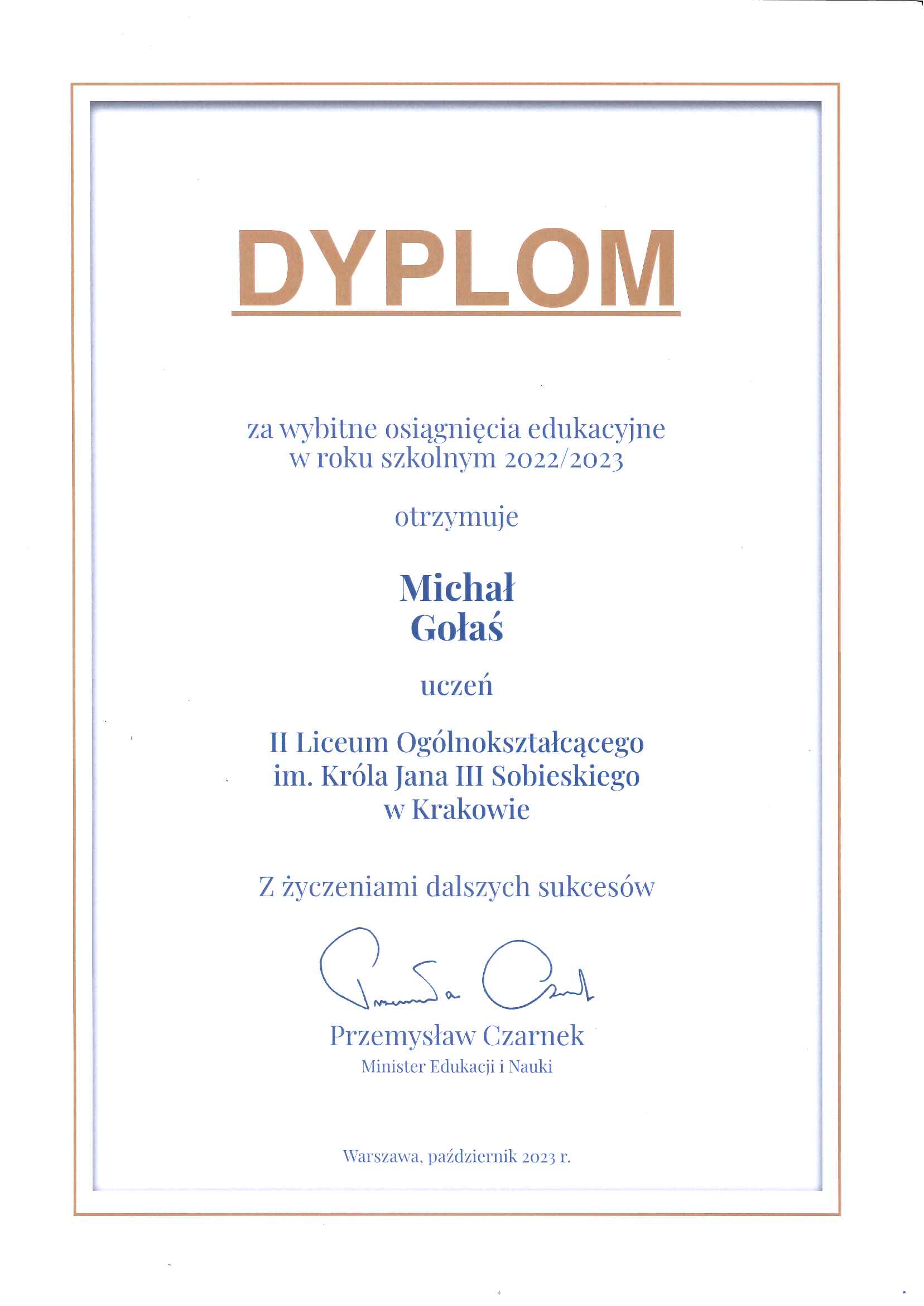 Dyplom za wybitne osiągnięcia dla Michała Gołasia | II Liceum ...